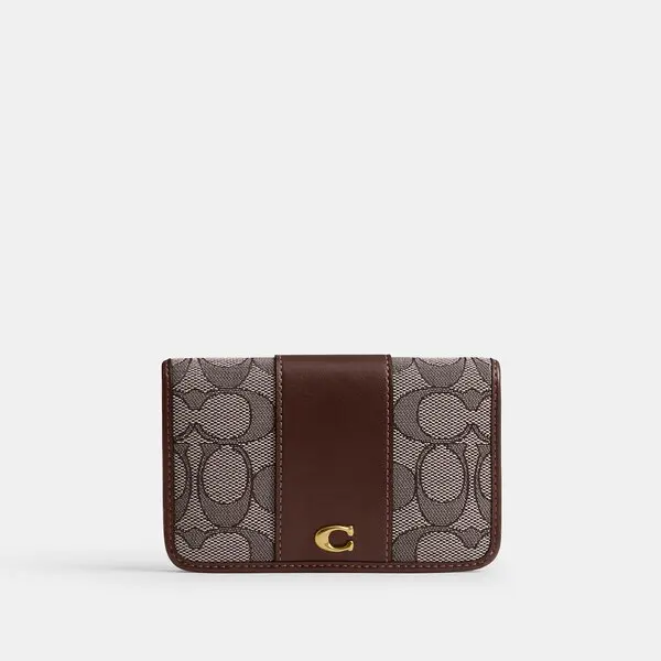 Coach Essential Slim Card Case In Signature Jacquard - Brass/oak Maple