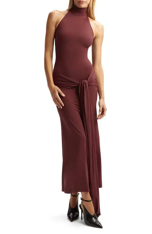 Bardot Isadora Mock Neck Tie Front Maxi Dress - Deep Plum