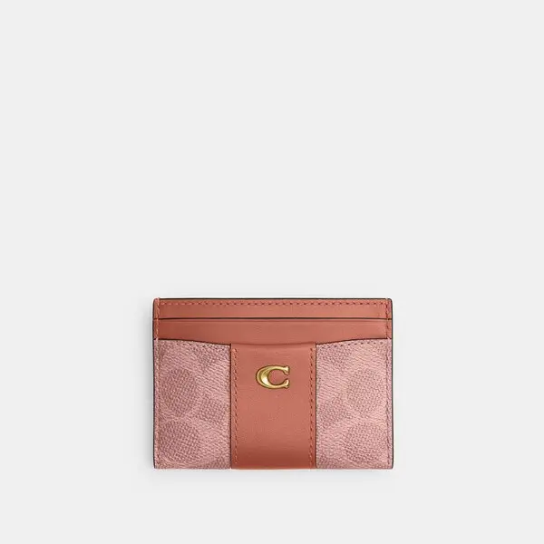 COACH Essential Card Case In Signature Canvas - Brass/melon Pink