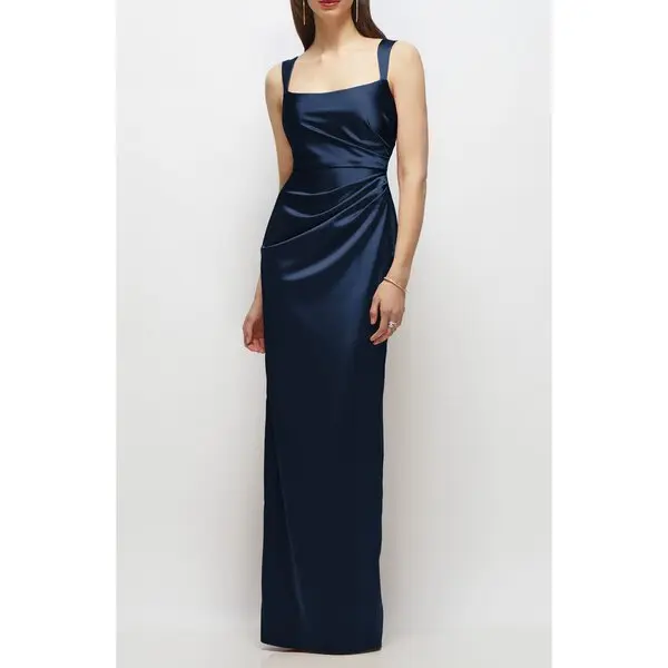 After Six Square Neck Satin Charmeuse Column Gown - Midnight