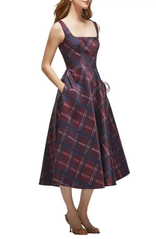 Dessy Collection Tartan Square Neck Fit-and-flare Midi Dress