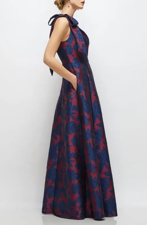 Alfred Sung Bow One-Shoulder Jacquard Ballgown - Burgundy Navy Floral |  Editorialist