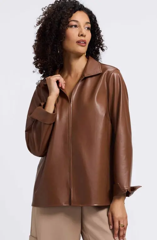 Foxcroft Agnes Faux Leather Long Sleeve Popover Top - Macchiato