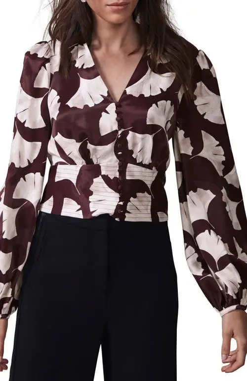 Mint Velvet Leaf Print Cropped Top - Burgundy