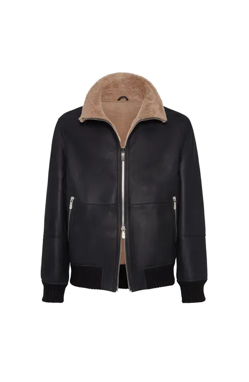 Brunello Cucinelli Nubuck Shearling Bomber Jacket - Black