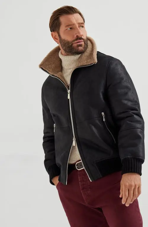 Brunello Cucinelli Nubuck Shearling Bomber Jacket - Black