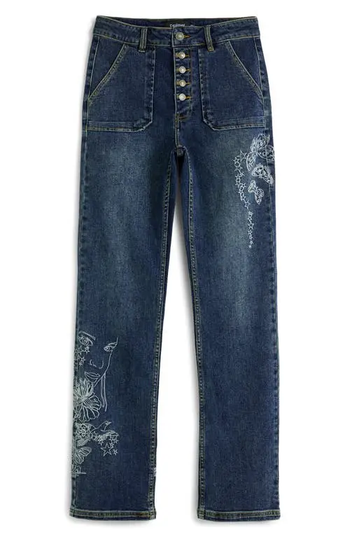 Desigual Embroidered Detail Button-fly Jeans - Blue