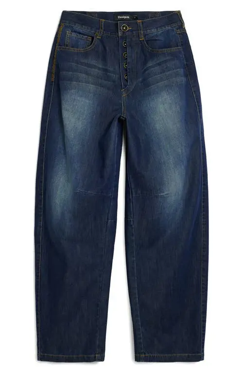 Desigual Exposed Button Fly Barrel Leg Jeans - Dark Blue