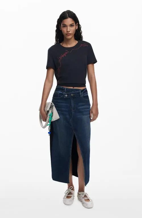 Desigual Mixed-media Denim Midi Skirt