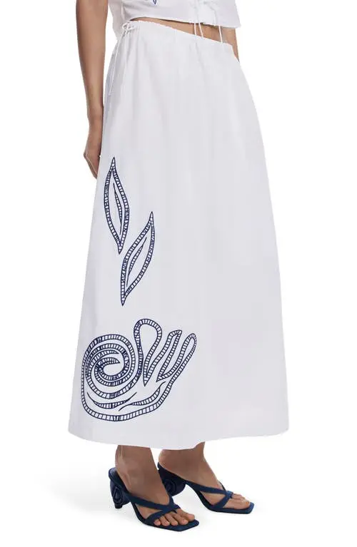 Desigual Embroidered Drawstring Cotton Maxi Skirt - White