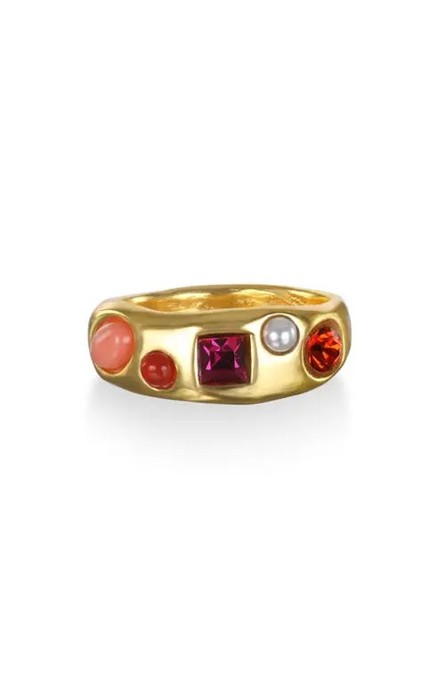 Sequin Rococo Crystal & Faux Pearl Ring - Coral