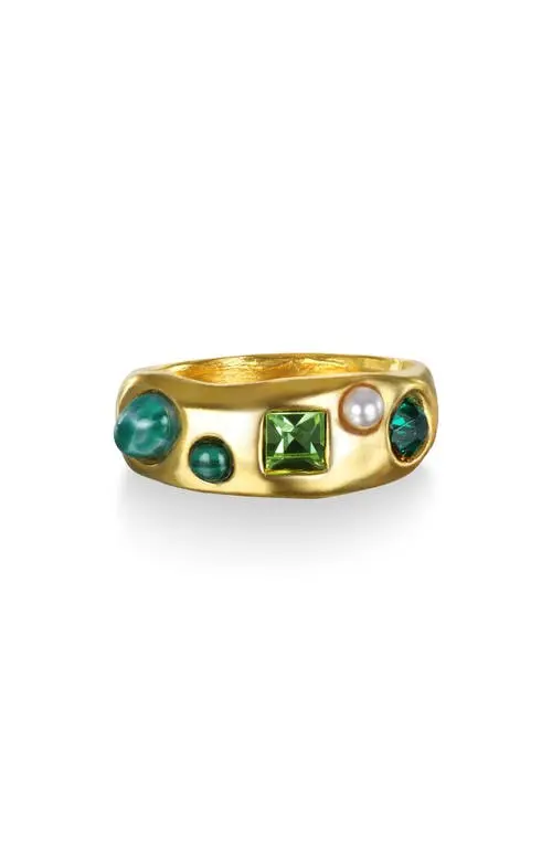 Sequin Rococo Crystal & Faux Pearl Ring - Green