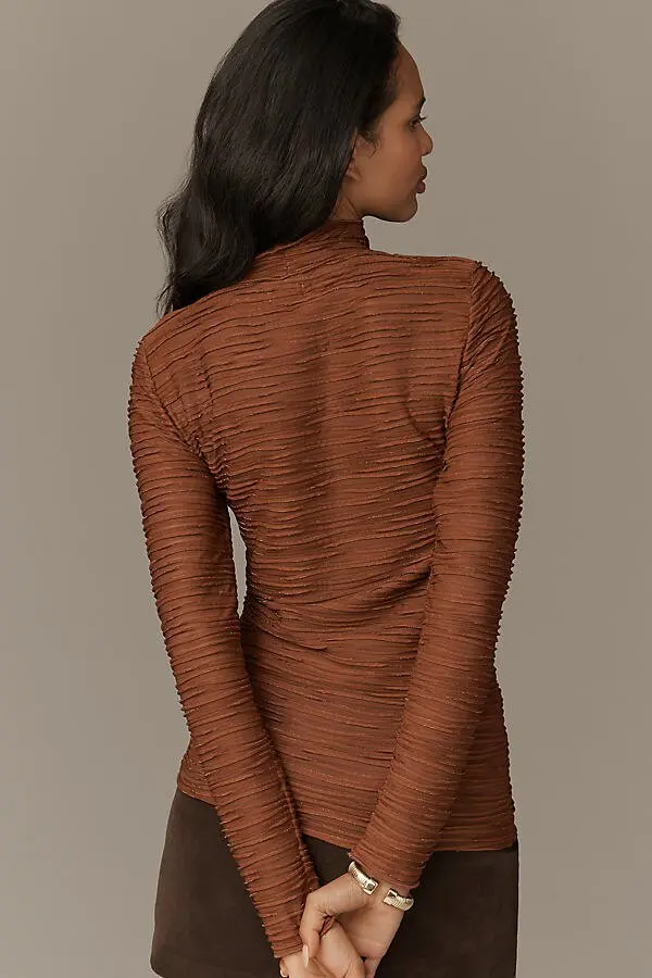 PILCRO Metallic Textured Turtleneck Top - Dark Orange