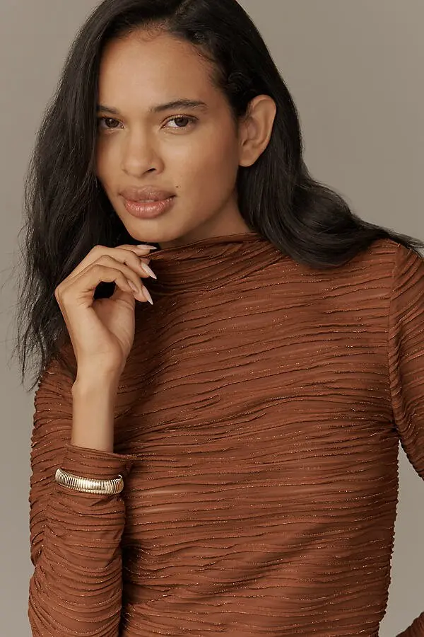 PILCRO Metallic Textured Turtleneck Top - Dark Orange