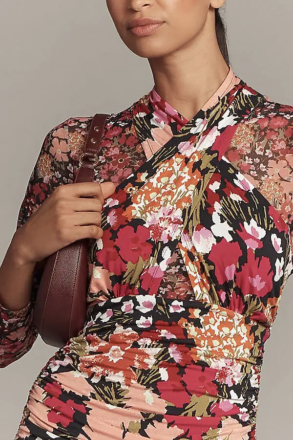 Long-sleeve Halter Mesh Midi Dress