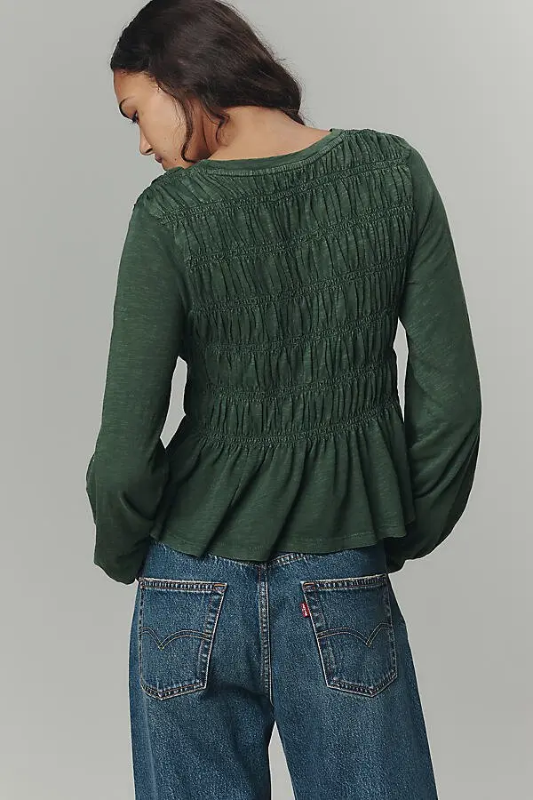 PILCRO Long-sleeve Smocked Top - Forest Green