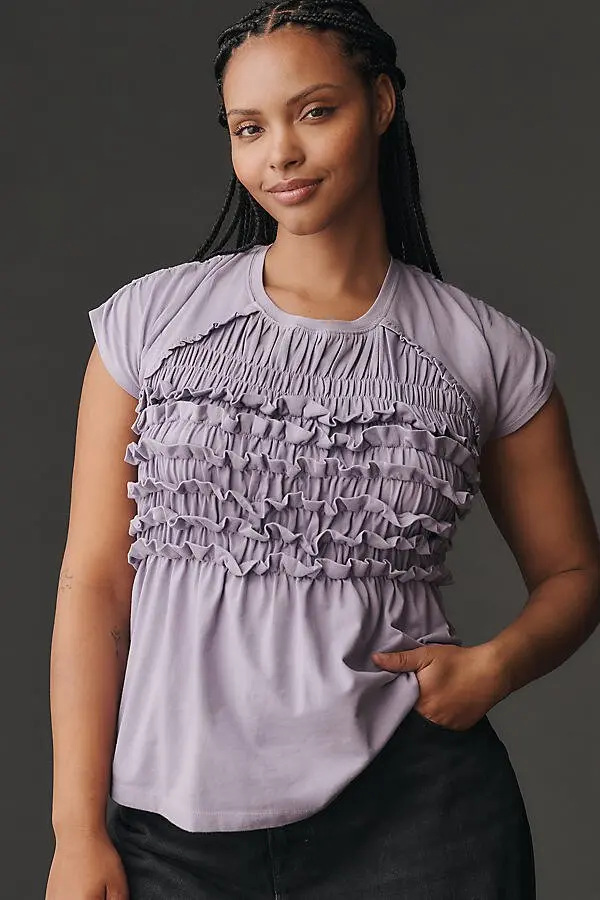 Maeve Smocked Sleeveless Ruffle Top - Hazy Purple