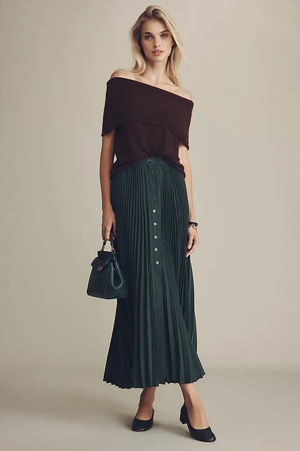 Maeve Pleated Button-front Midi Skirt - Shaded Moss