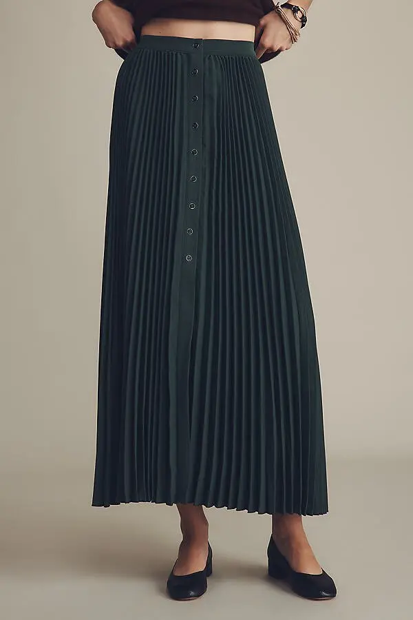 Maeve Pleated Button-front Midi Skirt - Shaded Moss
