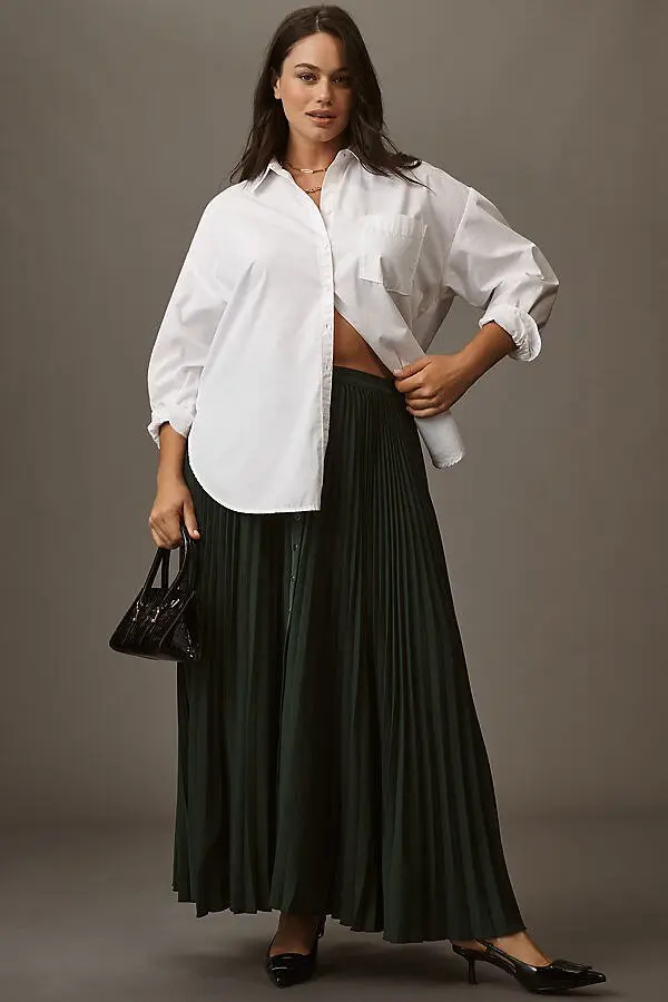 Maeve Pleated Button-front Midi Skirt - Shaded Moss