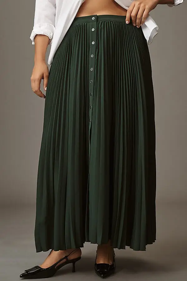 Maeve Pleated Button-front Midi Skirt - Shaded Moss
