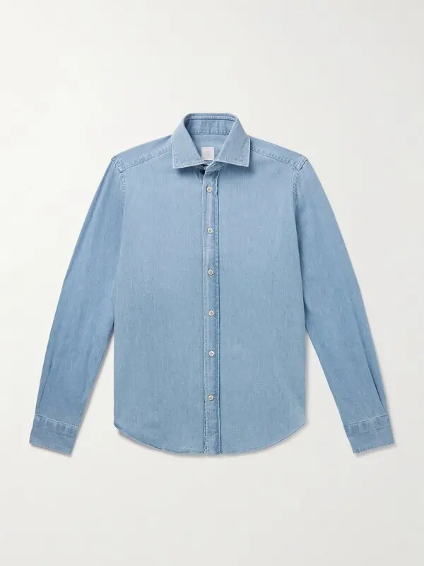 Eleventy Slim-fit Cotton-chambray Shirt - Blue