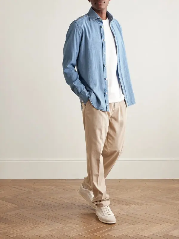 Eleventy Slim-fit Cotton-chambray Shirt - Blue