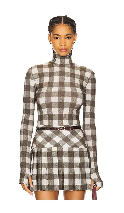 Norma Kamali Long Sleeve Checked Turtleneck Top - Olive