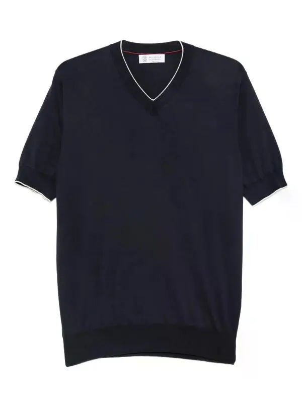 Brunello Cucinelli V-neck Short-sleeve Cotton T-shirt - Blue