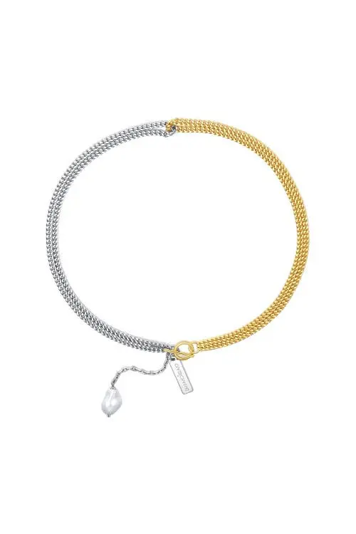 CLASSICHARMS Two-tone Chain Y Necklace With Faux Baroque Pearl - Gold