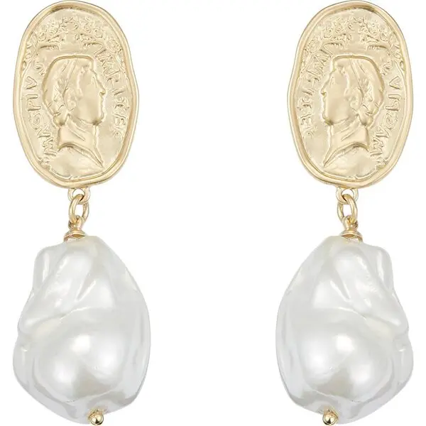 CLASSICHARMS Matted Sculpted Baroque Pearl Drop Earrings - Gold