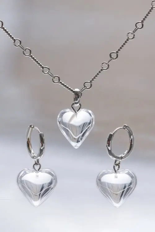 CLASSICHARMS Heart Pendant Necklace And Earrings Set - Silver