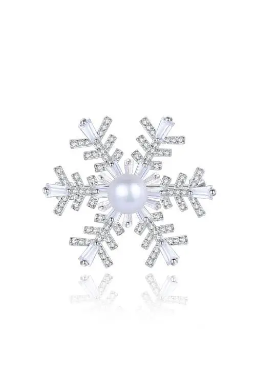 CLASSICHARMS Pavé Snowflake Brooch Pendant With Freshwater Pearl - Silver