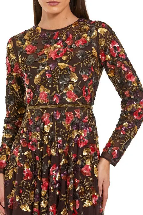 Mac Duggal Floral Embellished Long Sleeve Evening Gown - Espresso Multi