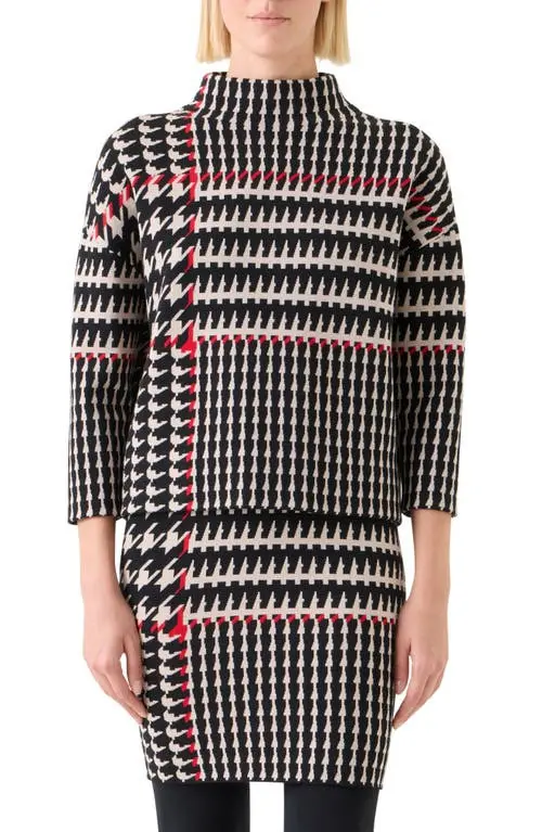 Akris Mixed Houndstooth Check Stretch Virgin Wool Sweater