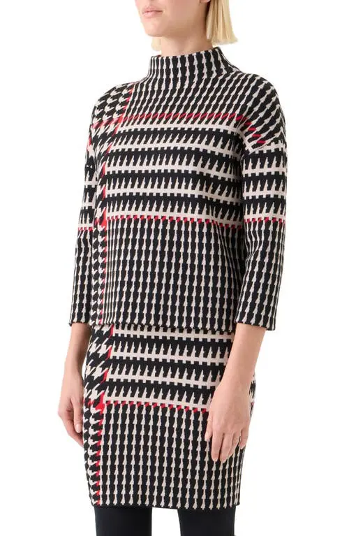 Akris Mixed Houndstooth Check Stretch Virgin Wool Sweater