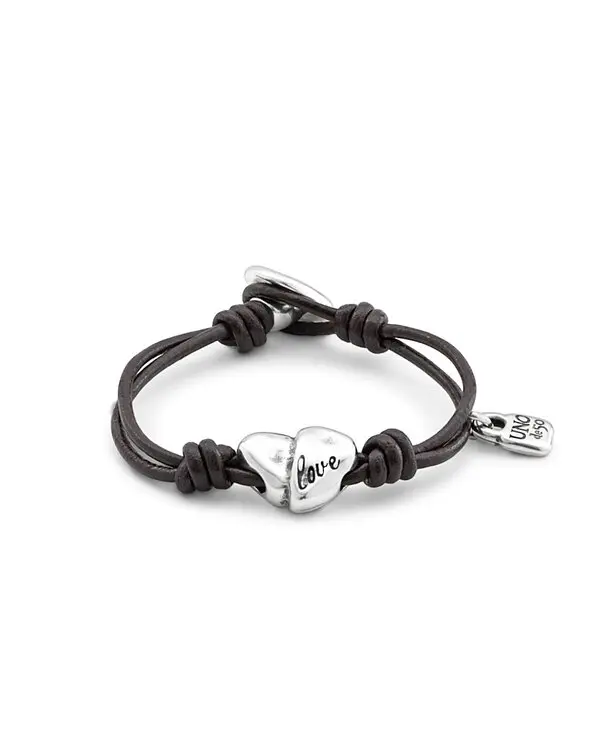 UNODE50 Sterling Silver Plated Heart Leather Bracelet - Brown