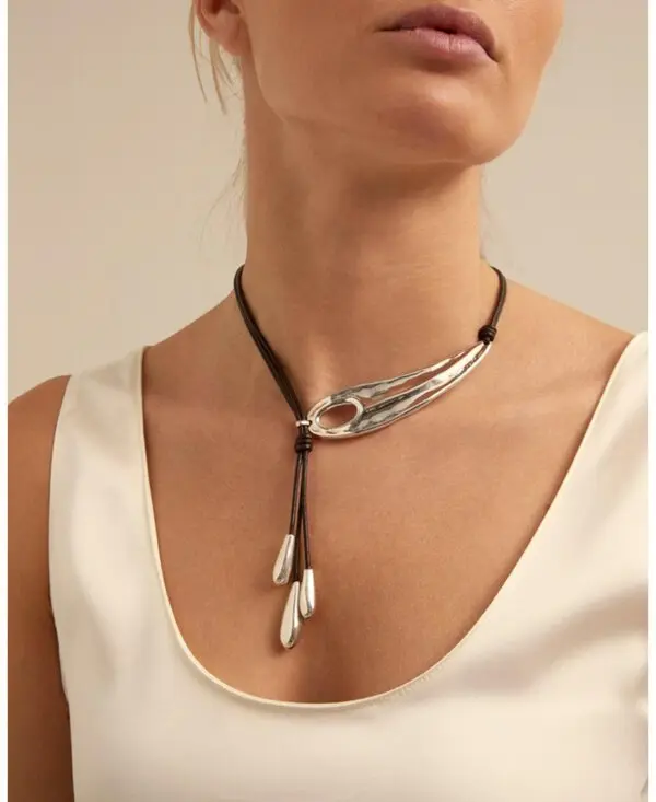 UNODE50 Sterling Plated Leather Fringe Drop Necklace