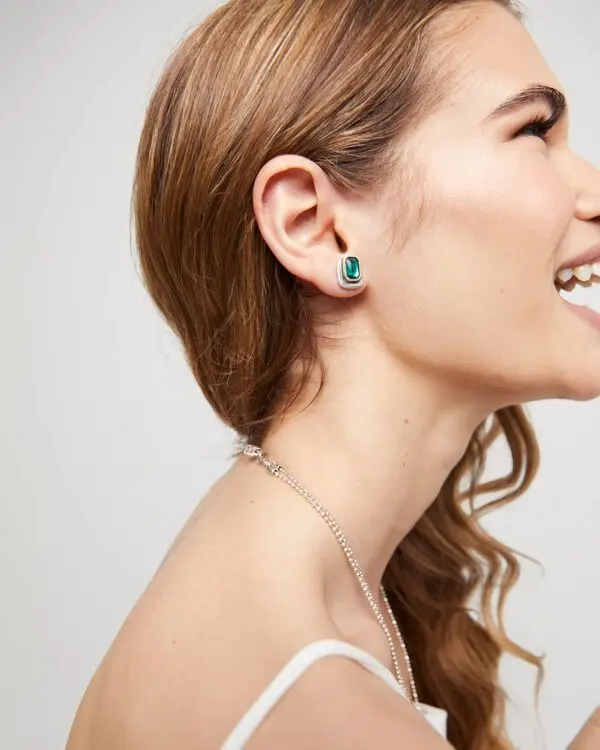 UNODE50 Rectangular Sterling -plated Earrings With Green Crystal - Silver