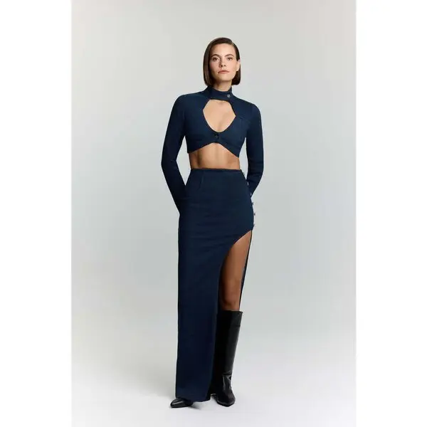 JENDUE Whispers Denim Maxi Skirt With Side Slit - Blue
