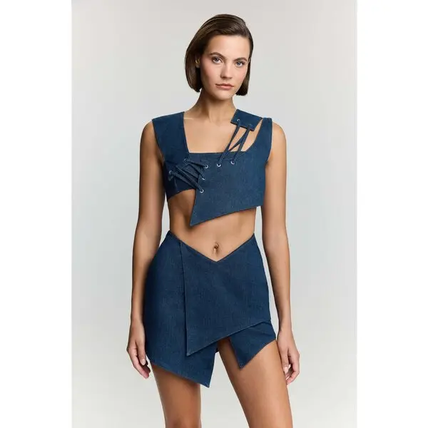 JENDUE Denim Mini Skirt With Asymmetrical Hem