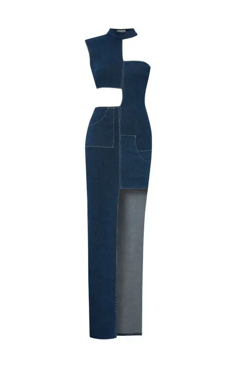JENDUE Ivy Denim Asymmetrical Maxi Dress - Blue