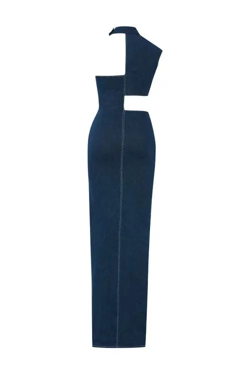 JENDUE Denim Asymmetrical Maxi Dress With Cut-out Detail