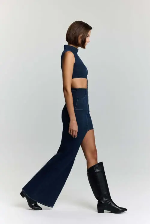 JENDUE Denim Asymmetrical Maxi Dress With Cut-out Detail