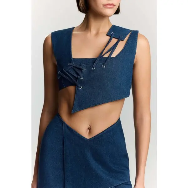 JENDUE Endless Line Denim Crop Top With Lace-up Detail