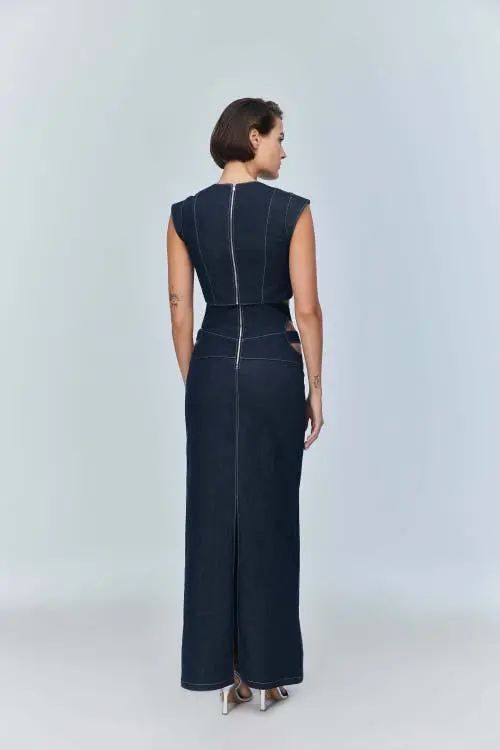 JENDUE Cut-out Denim Maxi Skirt