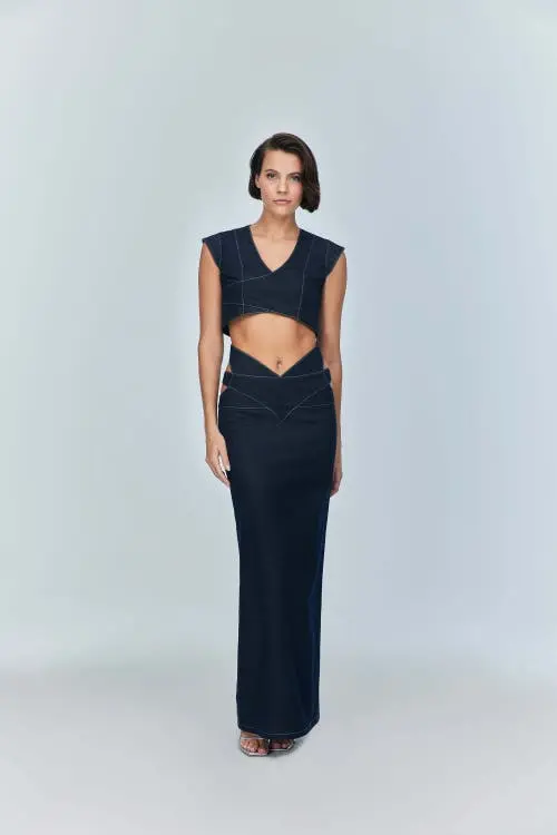 JENDUE Cut-out Denim Maxi Skirt