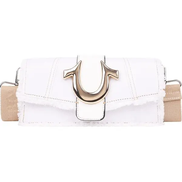 True Religion Frayed Denim Flap Bag With Logo Strap - White