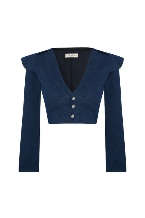 JENDUE Harmony Cropped Denim Jacket With V-neckline