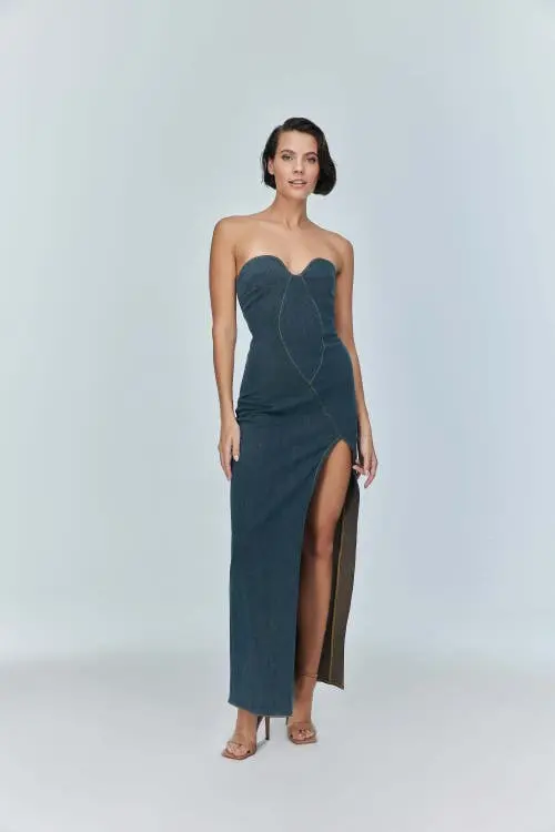 JENDUE Strapless Denim Midi Dress - Blue